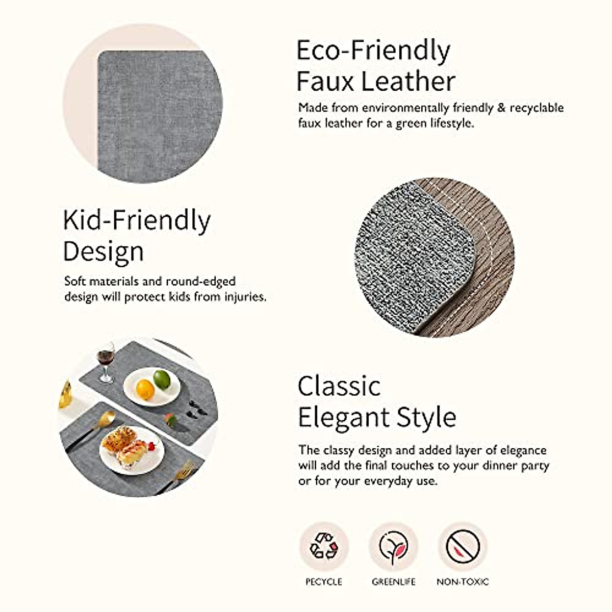 Maxpearl Faux Leather Placemats Set of 6 - Waterproof - Wipe Clean - Heat Resistant - Anti Slip Dining Table Place Mats, Suitable for Indoor & Outdoor Use, 17’’×12’’, Grey