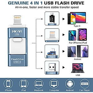 IMKAR 1TB Photo Stick for iPhone Flash Drive, iPhone Memory Stick Thumb Drives USB Stick External Storage Compatible with iPhone/iPad/Android/PC (Blue)