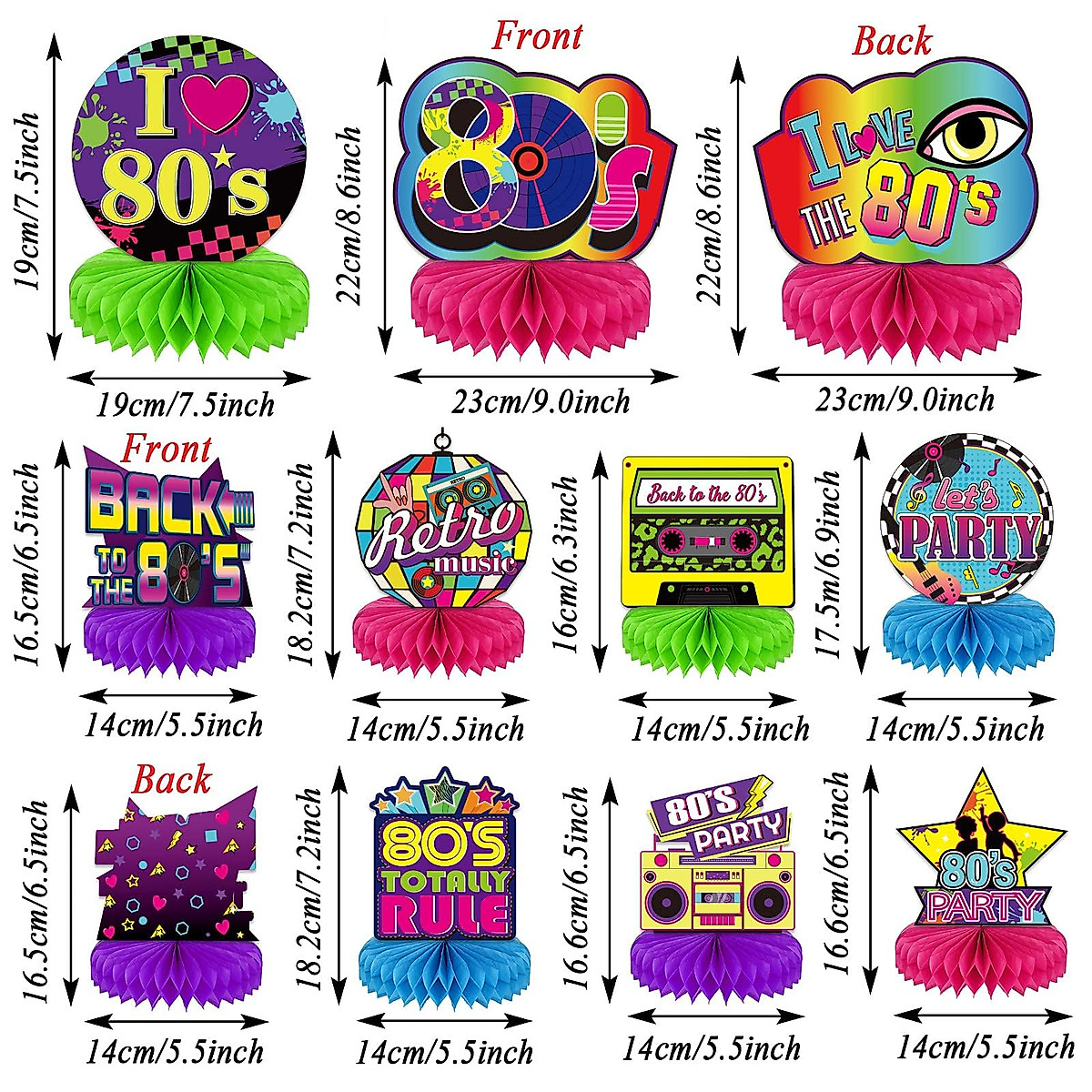 9 Pieces 80's Retro Party Supplies 1980 Party Honeycomb Centerpieces for Tables Decorations 80s Hippie Theme Party Table Topper Decorations for 1980s Birthday Baby Shower Party Suplies
