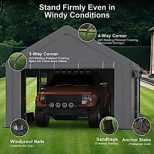 Carport 13x20ft Portable Upgraded Garage，Heavy Duty Carport with 4 Roll-up Doors & 4 Ventilated Windows, UV Resistant All-Season Waterproof Tarp, Reinforced Steel Poles, for Car, Truck, Boat