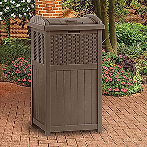 Suncast GHW1732 15.75" x 16" x 31.6" Trashcan Hideaway Outdoor Commercial 33 Gallon 31.6" Resin Garbage Waste Bin with Lid in Brown for Garage, 2 Pack