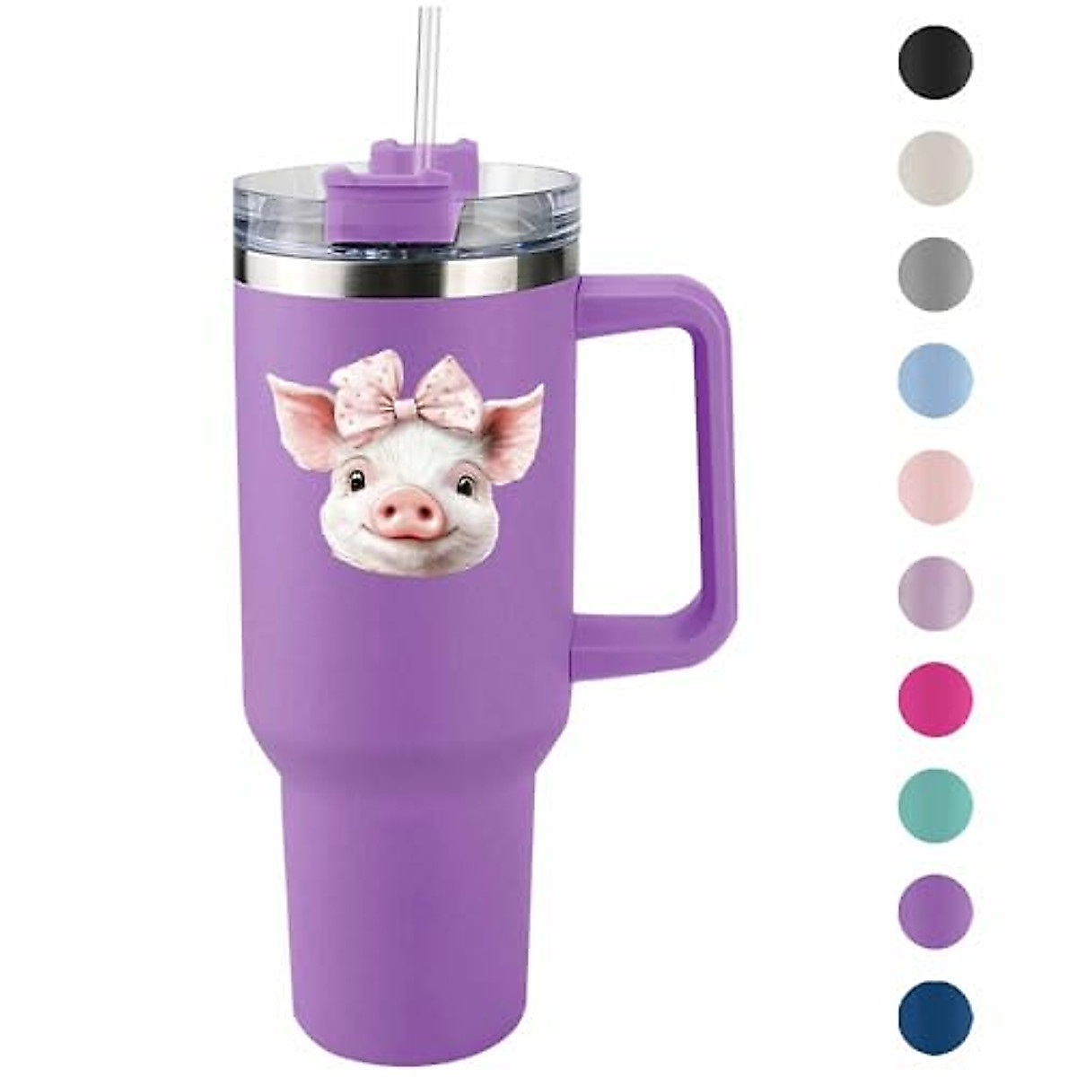 LB LEOBON 40 ounce insulated cup with handle, double-layer vacuum stainless steel material, equipped with straw, can keep warm or maintain cold drinks Pink Piggy Bow Deep purple