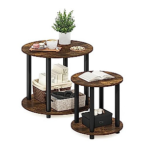 Furinno Turn-N-Tube 2-Tier Round Wooden End Table, Amber Pine