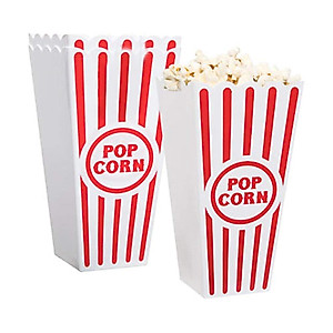NOVELTY PLACE Plastic Red & White Striped Classic Popcorn Containers for Movie Night - 7.8" Tall x 3.8" Square (8 Pack)