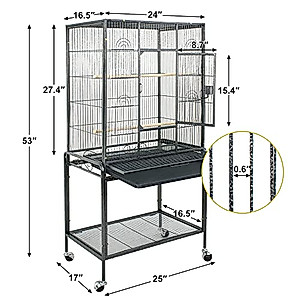 Epetlover 53 Inch Height Wrought Iron Standing Parrot Large Flight Bird Cage with Rolling Stand Birdcages for Parakeet Cockatiel Conure Lovebird Finch Black