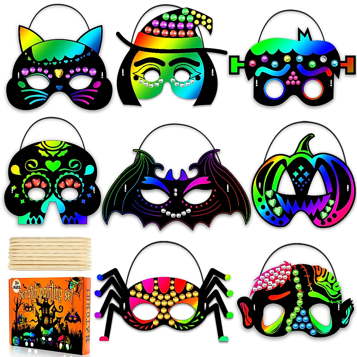 Natonhi 32Pcs Halloween Crafts for Kids Rainbow Scratch Mask, Halloween Games Scratch Art and Craft Kit Halloween Classroom Activities Favors Party Supplies