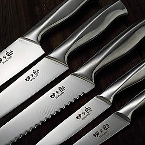 SIXILANG Knife Set, 8 Piece German Stainless Steel Hollow Handle Manual Knife Sharpener Forged Kitchen Knives Set with Oak Wooden Block Gift