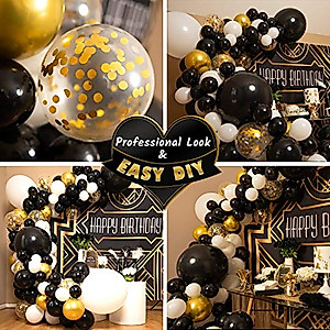 100pc EASY DIY – Black White Gold Balloon Garland Kit & Arch – Small and Large Black White and Gold Balloons with Confetti – Black and Gold Party Decorations for Graduations, New Years, Birthday