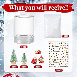 8 Set Christmas Plastic Snow Globes Kit Includes 8 Clear Snow Globe, 16 Mini Xmas Trees, 3 Snowman, 3 Santa Claus, 2 House, 1 Christmas Sticker with Artificial Snow for DIY Crafts Home Winter Decor