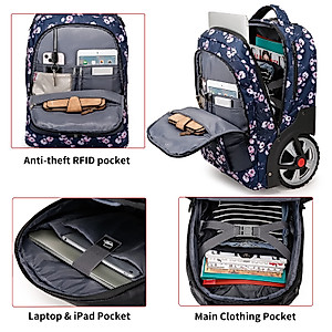 YH&GS Rolling Backpack Floral, Waterproof with Wheels for Business, College Student and Travel Commuter, Carry on Laptop Compartment, Fit 17 Inch Laptop, Wheeled Adults, 20inch