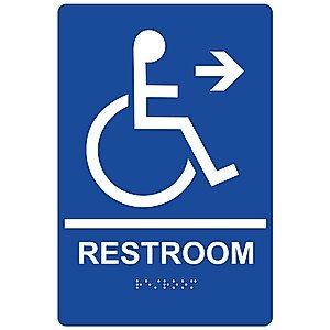 ComplianceSigns.com Accessible Restroom Right Sign, ADA-Compliant Braille and Raised Letters, 9x6 inch Blue Acrylic with Mounting Strips