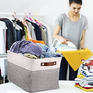 6 Pack Storage Baskets for Shelves Large Closet Storage Bins Foldable Fabric Storage Cubes Organizer with Leather Handles for Laundry Nursery Home Office Gifts, Grey and White, 15 x 11 x 9.5 Inch