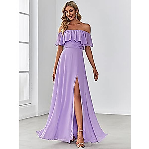 Ever-Pretty Womens Off-Shoulder Long A-line Side Slit Formal Prom Dresses with Sleeves Lavender US12