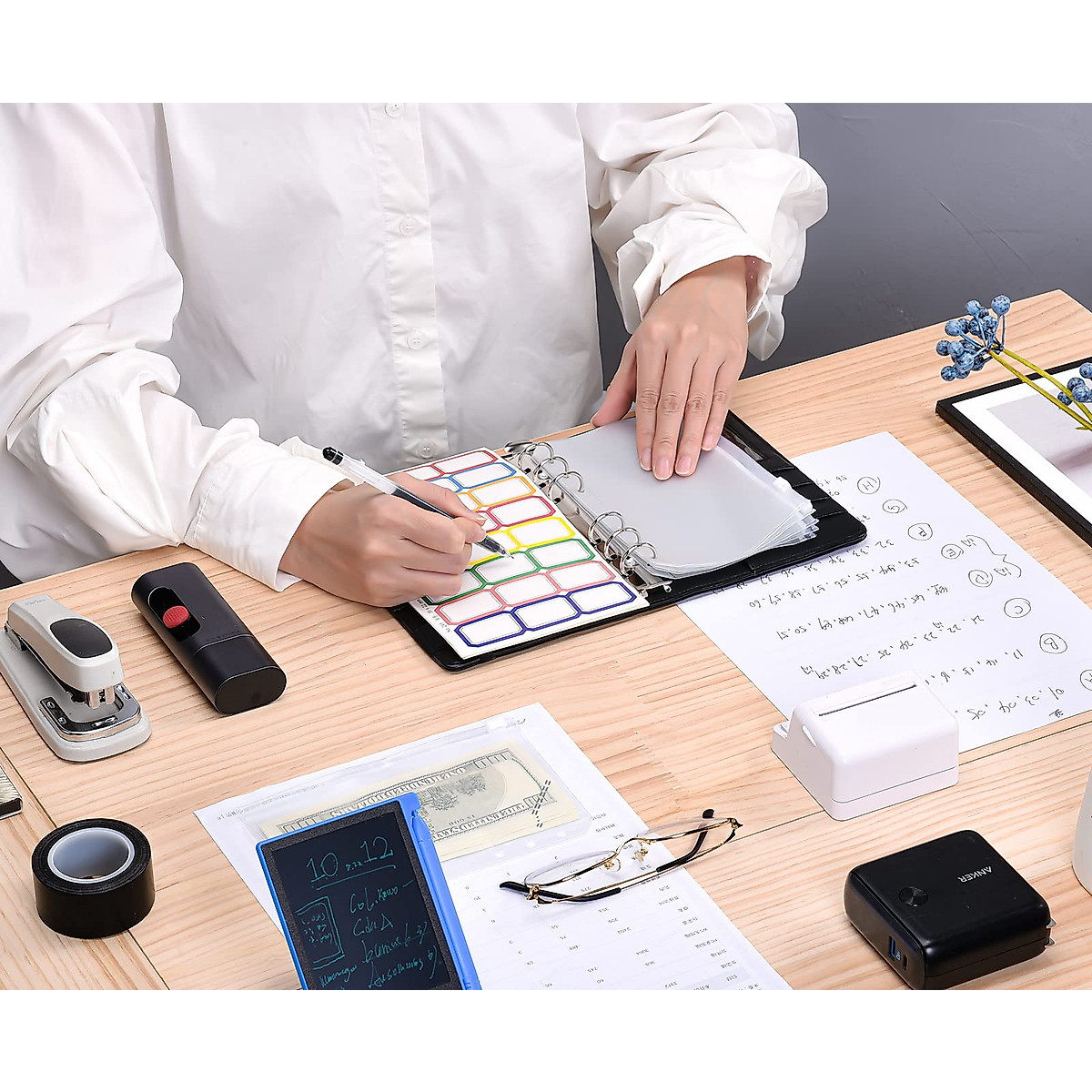 A6 Budget Binder with Cash Envelopes, PU Leather Refillable Notebook Binder, Loose Leaf Organizer Binder Cover, Money Organizer for Cash with Elastic Belt Closure (Black)