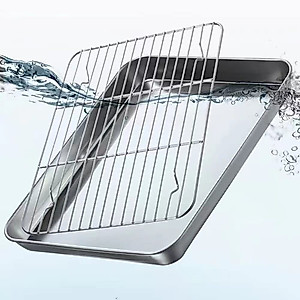 N&S AMOCWJ Food Grade Cookie Sheet with Wire Rack, Half Baking Pan for Oven Cooking, Stainless Steel Rimmed Tray Cooling Roasting Broiling Bacon Meat Steak - Dishwasher Safe (XL), Silver