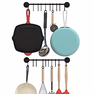 Wallniture Cucina 16" Wall Mount Kitchen Utensil Holder with 10 S Hooks for Hanging Pots and Pans and Lid Organizer, Set of 2, Black