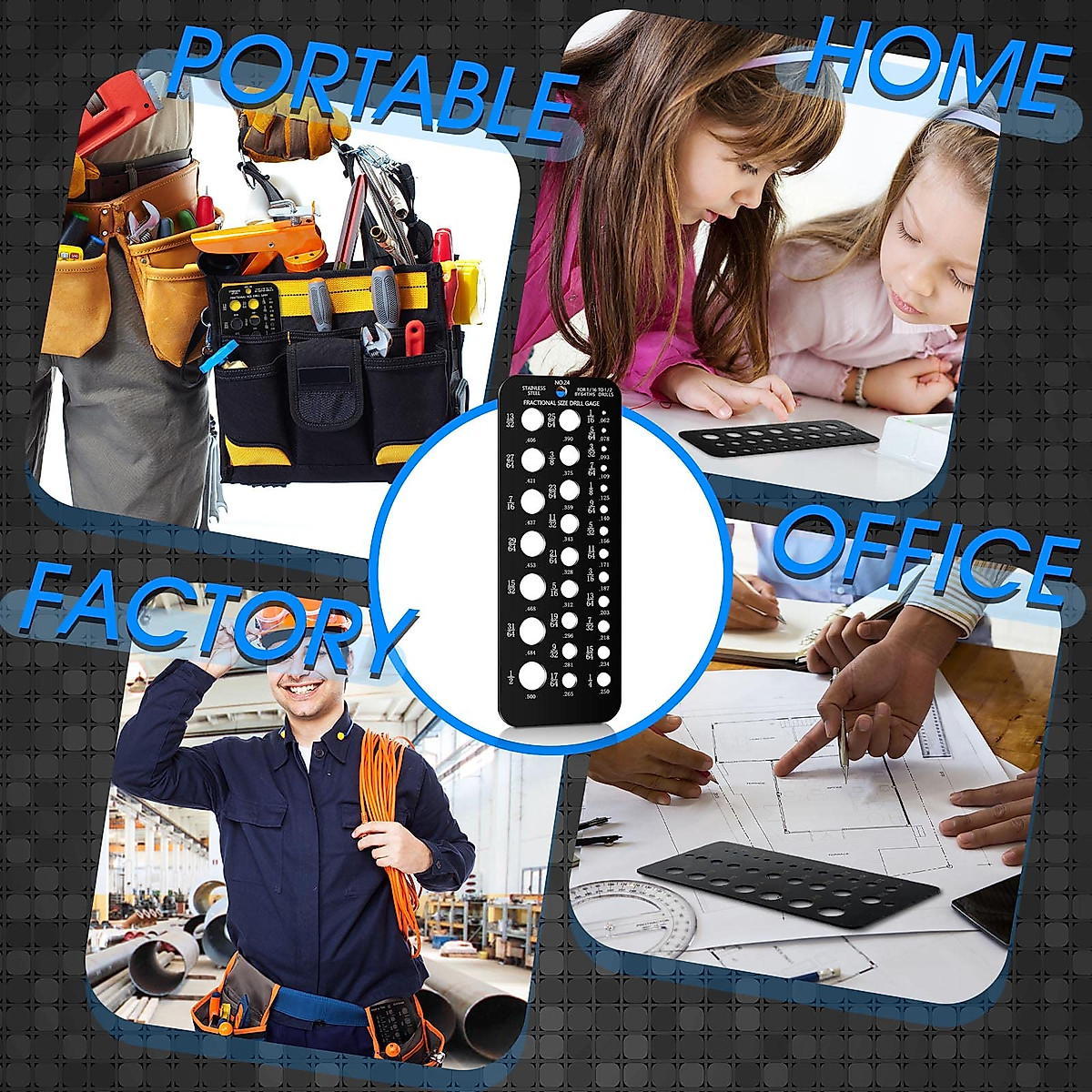 2 Pieces 24 Fractional Drill Bit Size Gauge Drill Bit Gauge Stainless Steel Drill Gauge 29 Holes Metal Drill Size Gauge Tool for 1/16 Inch to 1/2 Inch Size Bits Measurement (Black)