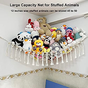Stuffed Animal Net or Hammock, Boho Macrame Toy Hammock with LED Lights, Decorate Room Space Saving Pet Net for Stuffed Animals, Suitable for Nursery Playroom Kids Bedroom