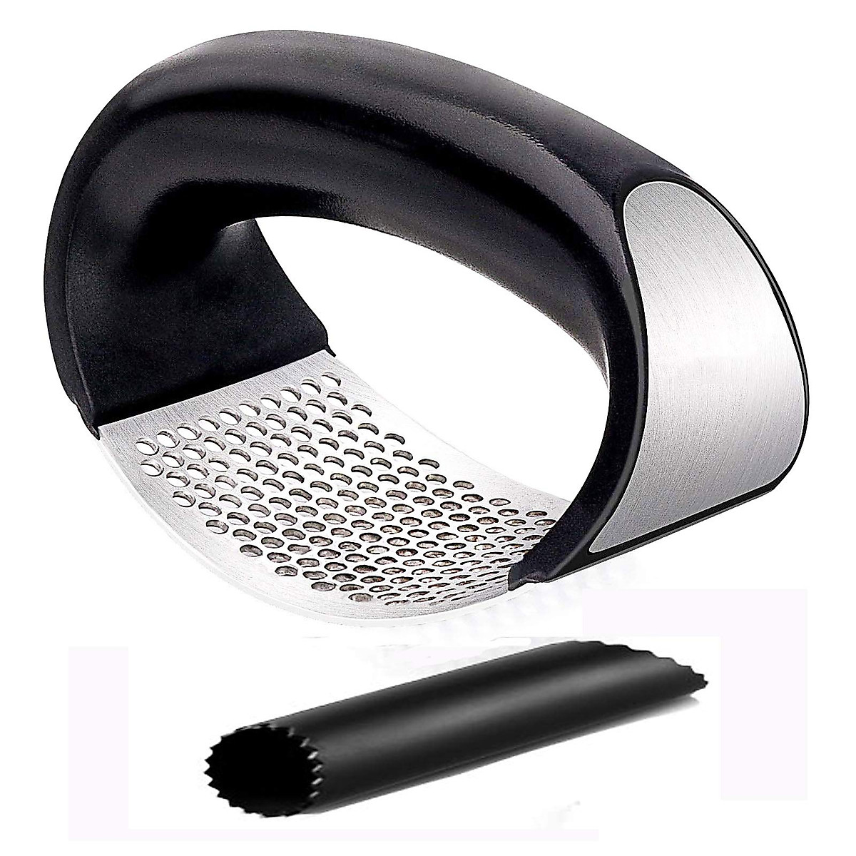 WEPPC Garlic Press Rocker Stainless Steel Garlic Mincer Crusher and Peeler, Ergonomic, Easy to Use, Black