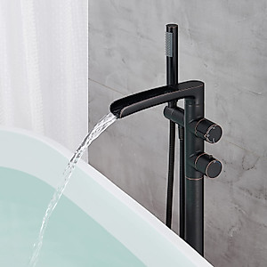 Qinkell Thermostatic Freestanding Tub Filler Floor Mount Waterfall Bathtub Faucet Oil-Rubbed Bronze Bathroom Taps with Handheld Shower