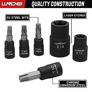 Torx Bit Socket and Female External Socket Set 24PCS, LLNDEI 10 Star Socket Bits (T8-T40)& 14 Female E-Torx Sockets (E4-E24) 1/4" 3/8" 1/2", CR-V, Star Drive Socket Kit with Mini Storage Box