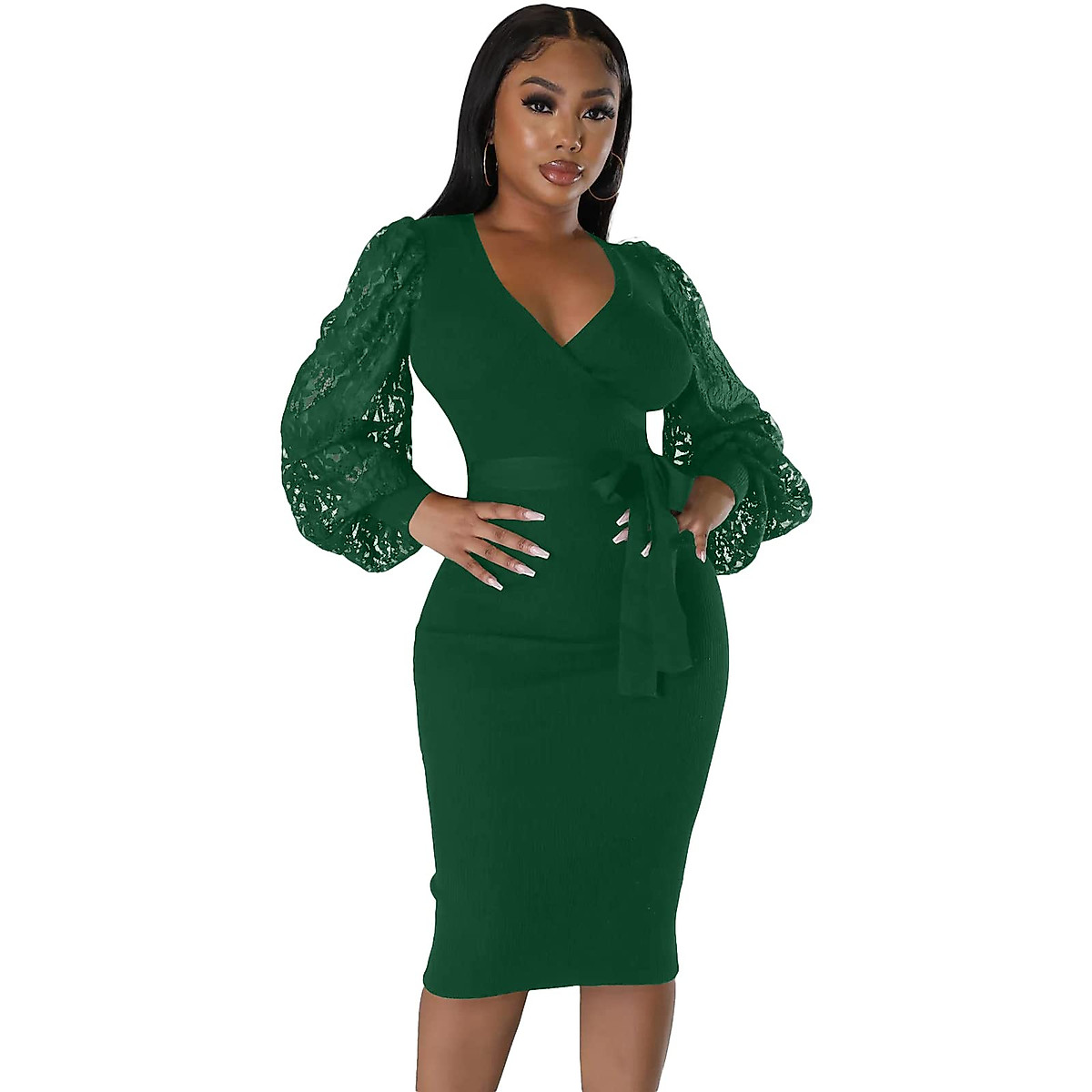 BOGURST Dresses for Women Party Elegant Balloon Sleeve V Neck Sheath Casual Work Ladies Dresses molv 2XL