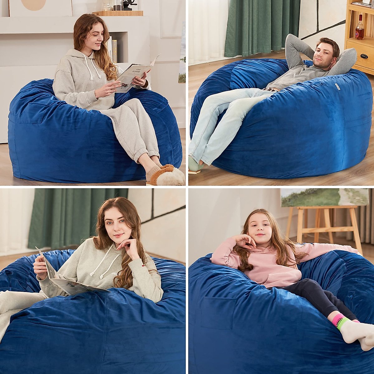 HABUTWAY Bean Bag Chair 3Ft Luxurious Velvet Ultra Soft Fur with High-Rebound Memory Foam for Adults Plush Lazy Sofa with Fluffy Removable Sponge 3'(Dark Blue)