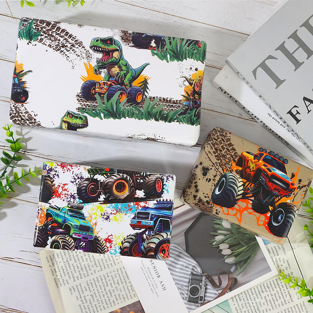 Dtiafu Monster Truck Wrapping Paper for Boys Kids - Racing Car Gift Wrap Paper Bulk Folded Flat for Birthday Baby Shower Holiday - Cartoon Dinosaur in Pickup,Monster Truck Designs Gift Wrapping -