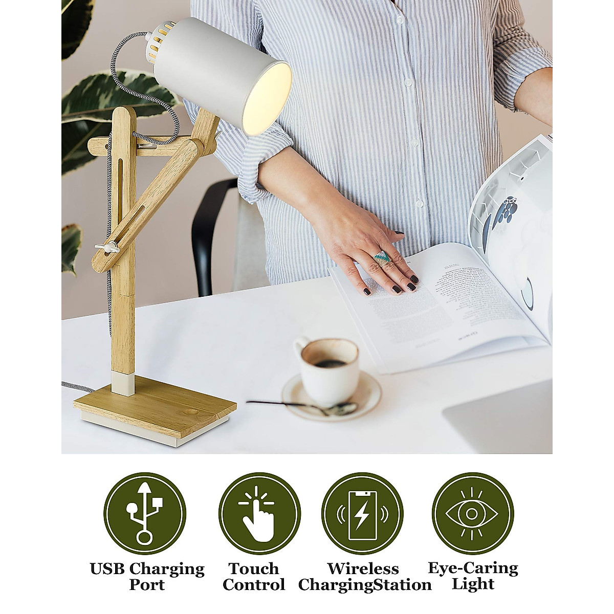 ELYONA Wireless Charging White Desk Lamp, Touch Control Rubber Wood Table Lamp with USB Charging Port, Swing Arm Reading Task Lights for Office, Dorm, Living Room Bedroom, Farmhouse, Bulb Included