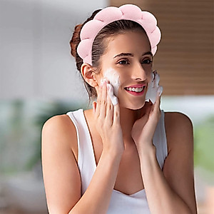 VNIHTT Bubble Makeup Headband for Washing Face Cute Pink Towel Sponge Spa Skincare Headbands Soft Fluffy Hairband for Women Girls with Wrist Towels for Wash Face and Make Up Powder Puff