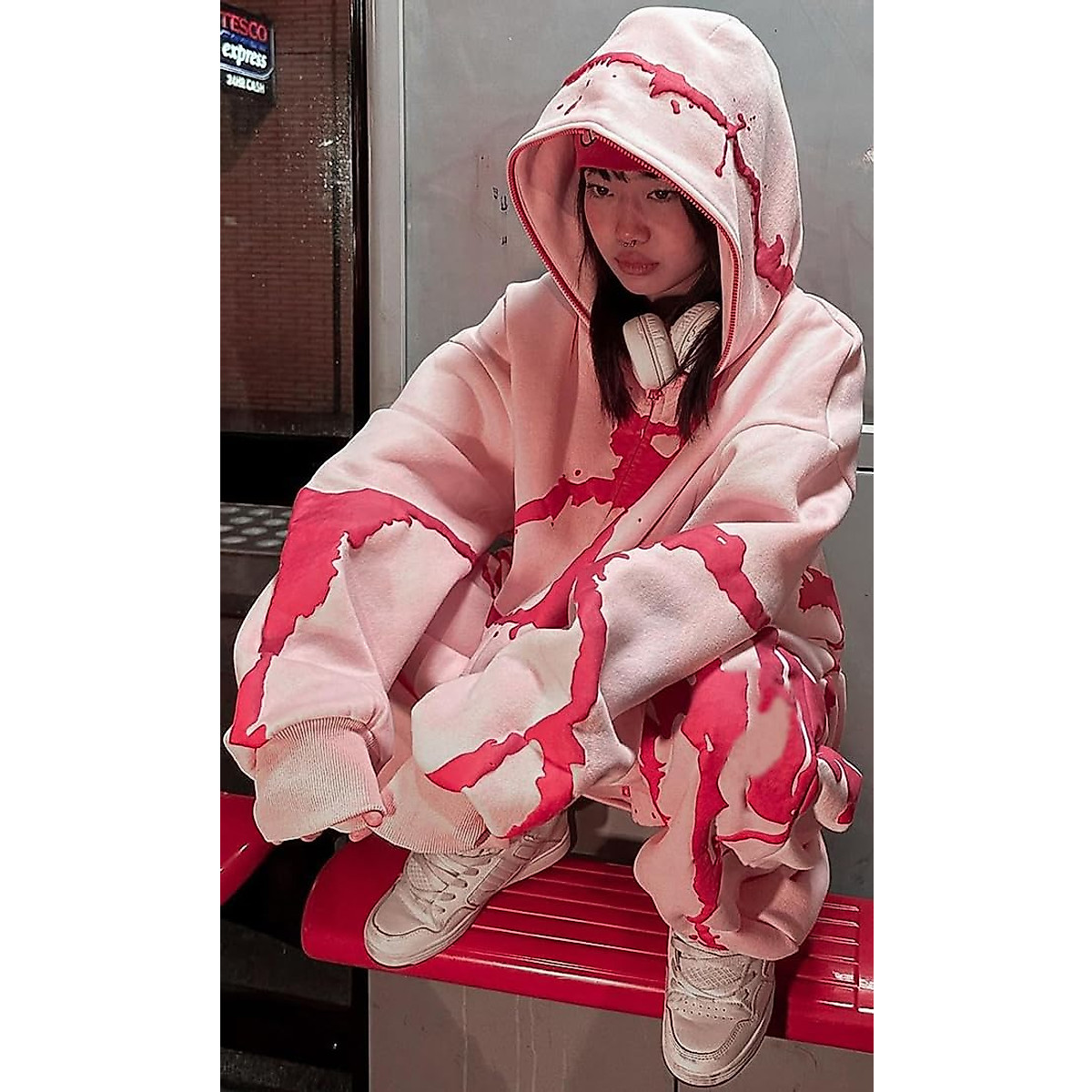 MINIDORA Men's Y2k Zip Up Hoodies Oversize Pullover Sweatshirts Hip Hop Streetwear Only Hoodie-Pink Medium