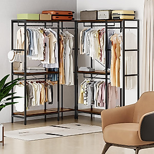 ZERDER Clothes Rack, Heavy Duty Garment Rack for Clothes, Clothing Racks with Shelves and 4 Side Hooks, Freestanding Metal Wooden Closet Organizer (Rustic Brown)