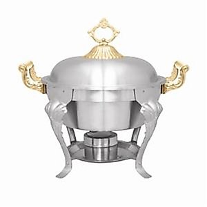 Thunder Group SLRCF8633 Deluxe Chafer, 5 Quart, Half-Size Round, Lift-Off Dome Cover, Brass Plated Handles, Stainless Steel, Mirror-Finish