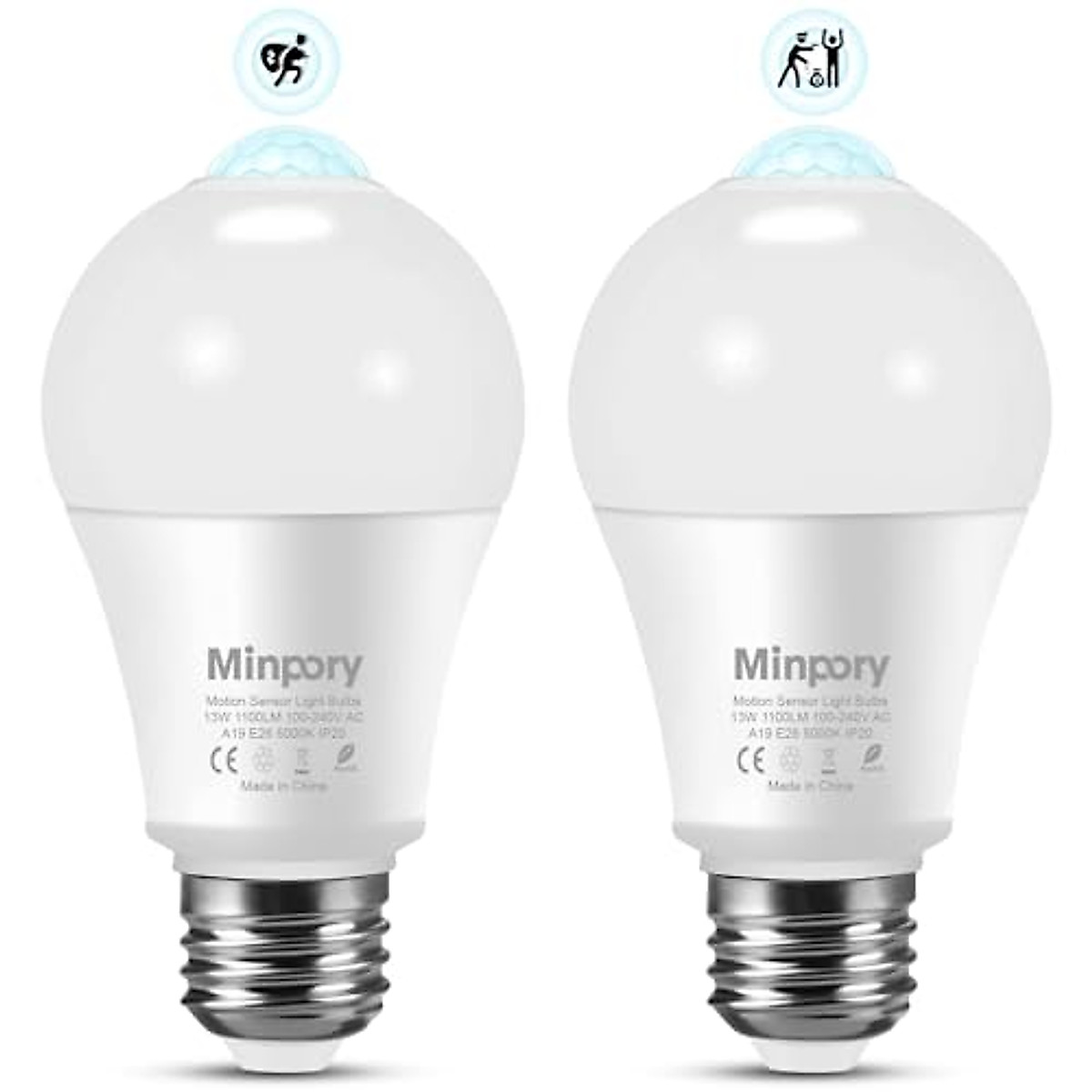 Minpory Motion Sensor Light Bulbs Outdoor, Movement Activated Dusk to Dawn LED Security Bulbs, 13W(100W Equivalent) A19 E26 5000K Daylight Cool White for Garage Porch Basement Hallway Closet, 2 Pack
