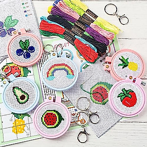 Joysup 6 PCS Embroidery Kit for Beginners Stamped Cross Stitch DIY Key Chain with Fruits Patterns Kits Craft Supplies for Beginners with Instruction Needlepoint Kits Embroidery Kit for Beginners