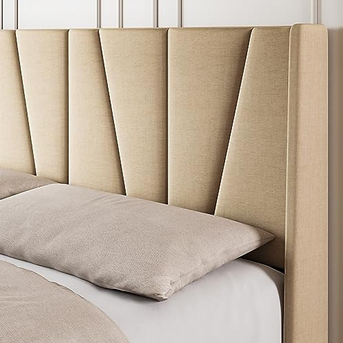 SHA CERLIN Queen Bed Frame, Upholstered Platform Bed with Geometric Headboard and Wingback, Wood Slat Support, No Box Spring Needed, Beige