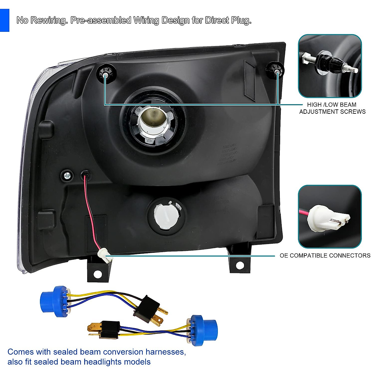 SPEC-D TUNING 1Pc Black Clear Led Headlights Compatible with 1999-2004 Ford F250 F350 F450 Super Duty, 2000-2004 Ford Excursion, L+R Pair Head Light Lamp Assembly