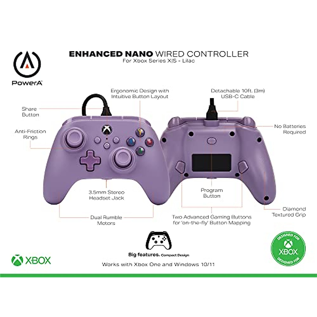 PowerA Nano Enhanced Wired Controller for Xbox Series X|S - Lilac, portable, compact, gamepad, video game, gaming controller, works with Xbox One and Windows 10/11
