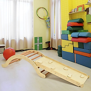 Olakids Climbing Toys for Toddlers, 3 in 1 Kids Wooden Pikler Montessori Arch Climbing Rocker with Ramp Ladder Cushion Pad for Gym Playground, Indoor Baby Climber Toy Play Structure Activity Set