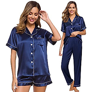 SWOMOG Women's 3 Pcs Pajamas Sets Silk Satin Sleepwear Button Down Loungewear Short Sleeve Shirt Pjs Navy Blue
