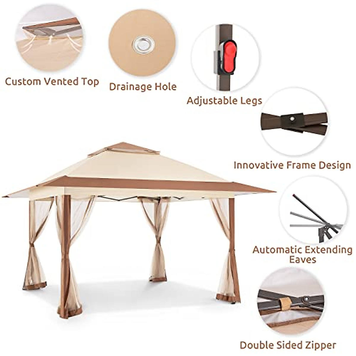 UDPATIO Pop Up Gazebo 13'x13' Patio Gazebo Tent Instant, Outdoor Gazebo with Mosquito Netting, Metal Frame Outdoor Canopies for Shade and Rain for Lawn, Garden, Backyard and Deck, Beige