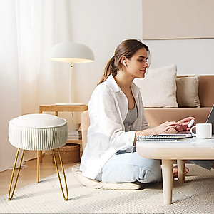 LUE BONA Pleated Vanity Stool, Velvet Upholstered Vanity Stool for Makeup Room, Round Mondern Stool for Vanity, Ottoman Footrest Stool with Metal Legs for Living Room, Bedroom, Beige