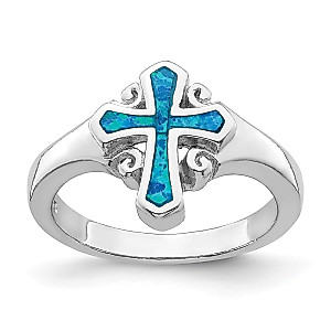 925 Sterling Silver Blue Created Opal Holy Cross Ring Christian Religious Band Size 8