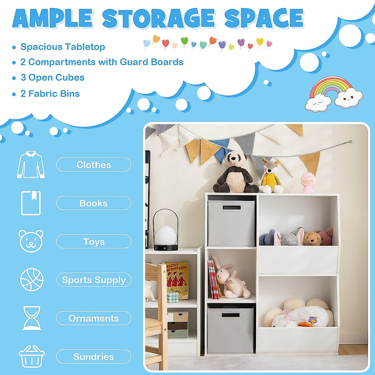 GLACER 5-Cube Kids Toy Storage Organizer, Freestanding Wooden Bookcase Bookshelf w/ 2 Removable & Foldable Bins, Open Multi-bin Storage Display Cabinet for Kids Room, Play Room, Nursery, White