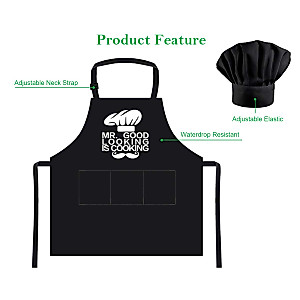 Funny Cooking Apron and Chef Hat Set for Men - Adjustable Bib Chef Apron for Men with 3 Pockets - BBQ Grill Apron for A Husband, Dad, Son, Grandfather Boyfriend Or Any Friend - Mr. Good...