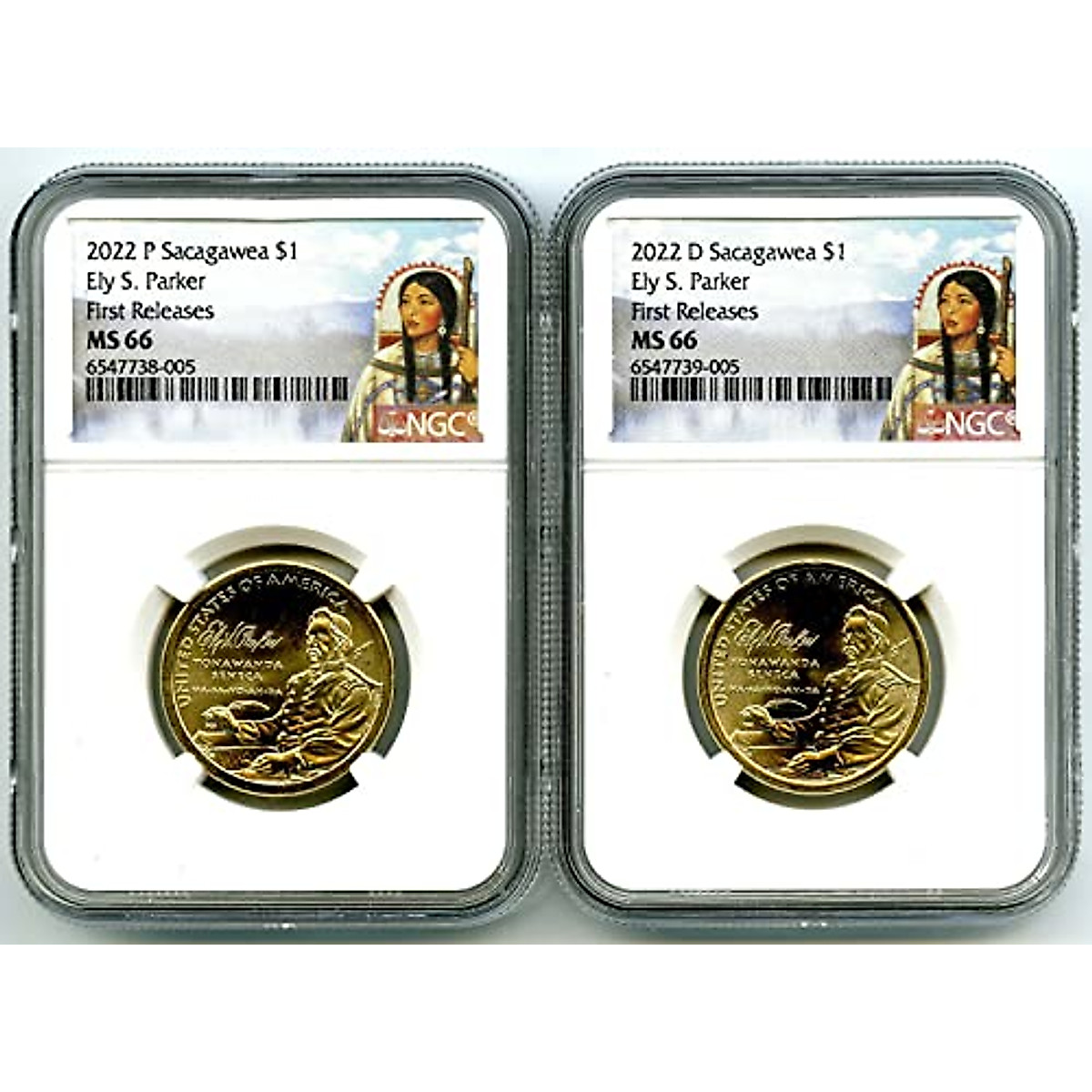 2022 P D Sacagawea ELY S. PARKER $1 Dollar Matched 2-COIN SET FIRST RELEASES NGC Dollar NGC MS66