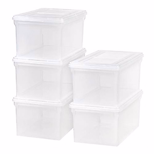 IRIS USA Letter/Legal File Tote Box, 5 Pack, BPA-Free Plastic Storage Bin Tote Organizer with Durable and Secure Hinged Latching Lid, Stackable and Nestable, Clear