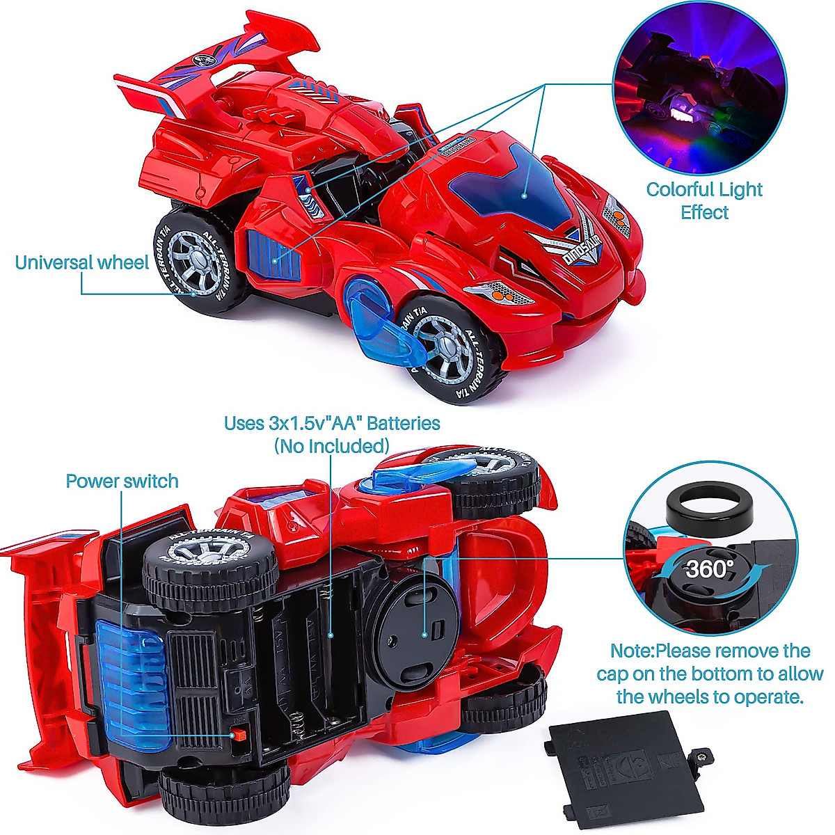 Refasy Toys for 4 Year Old Boys,2 in 1 Transforming Dinosaur LED Car with Music Kids Toys Dinosaur Toys Birthday Gifts for Boys Girls(Red)