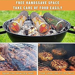 Rolling Grilling Baskets for Outdoor Grilling - Perfect BBQ Net for Veggies,Fries,Fish,Meats - 2PCS Cylindrical Stainless Steel Grilling Mesh for Outdoor BBQ Cooking/Camping/Picnic(8.2 Inch-High)
