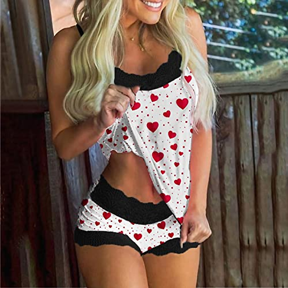 NOLDARES Lingerie for Women Lace Valentines Printed Sexy Lingerie for Women 2-Piece Pajamas Sleeveless Nightie Cami Sets